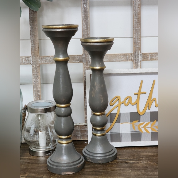 Other | Set Of 2 Farmhouse Candlesticks Gray With Gold Trim | Poshmark